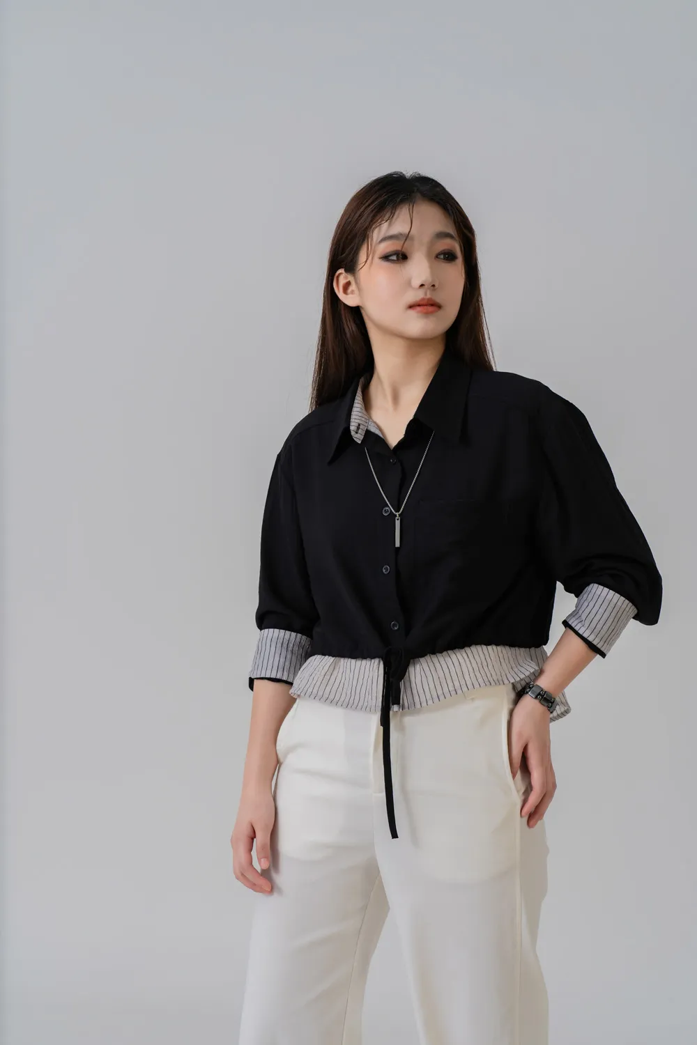 Drawstring Hem Layered Check Shirt - DEES